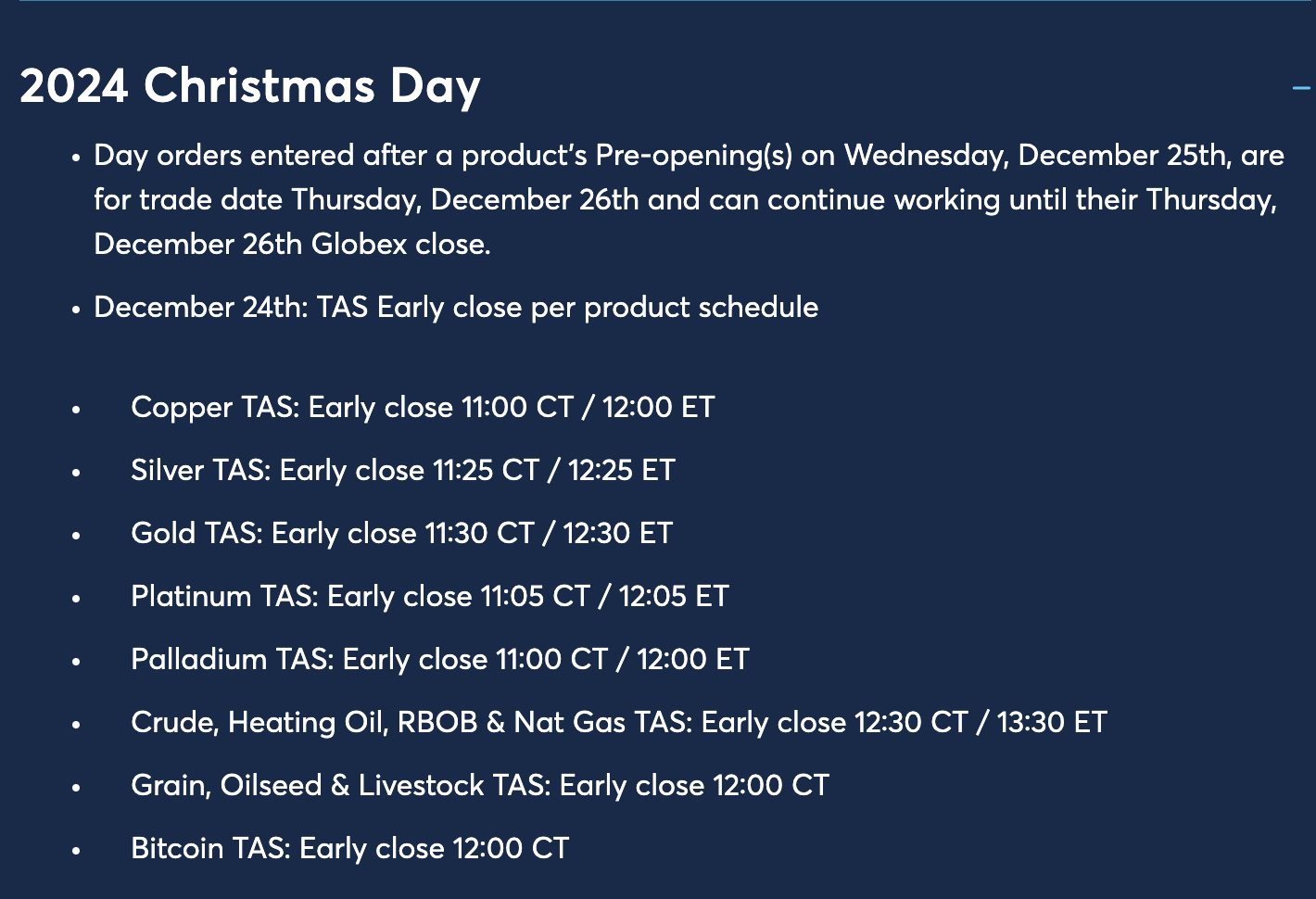 Christmas Holiday Trading Schedule (2024)